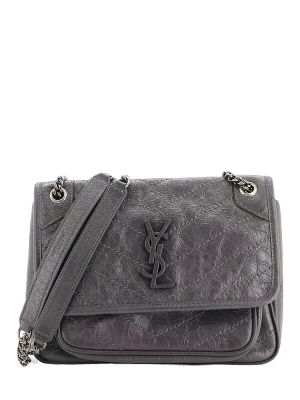 Saint Laurent Niki Chain Flap Bag Matelasse Chevron Leather Baby Shoulder Bag - Grey