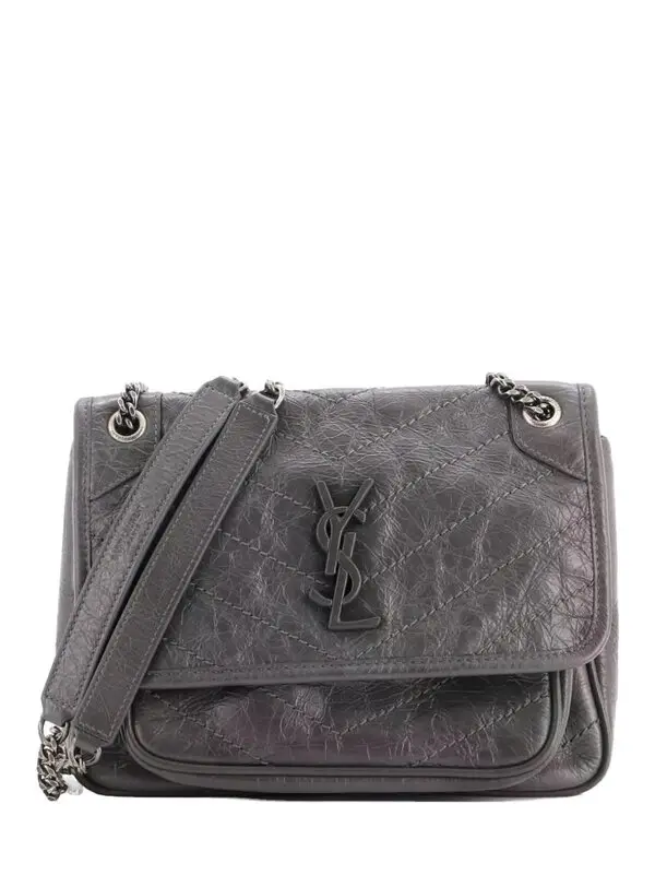 Saint Laurent Niki Chain Flap Bag Matelasse Chevron Leather Baby Shoulder Bag - Grey