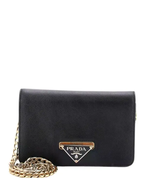 Prada Saffiano Leather Small Flap Wallet On Chain Clutch Shoulder Bag - Black