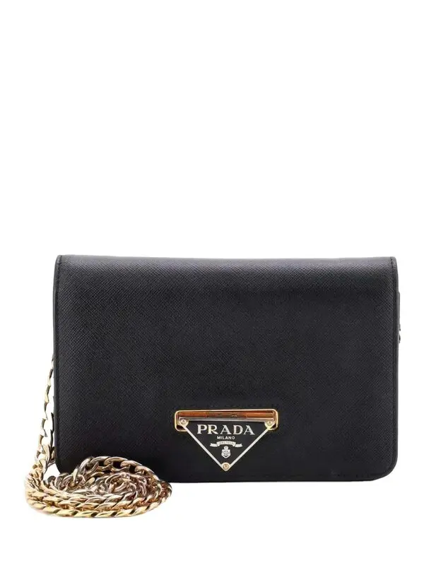Prada Saffiano Leather Small Flap Wallet On Chain Clutch Shoulder Bag - Black