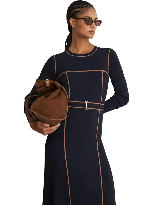 REISS Etta Colour-block Knitted Midi Dress - Navy/camel