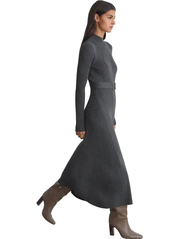 REISS Ella Rib-knit Belted Midi Dress - Grey