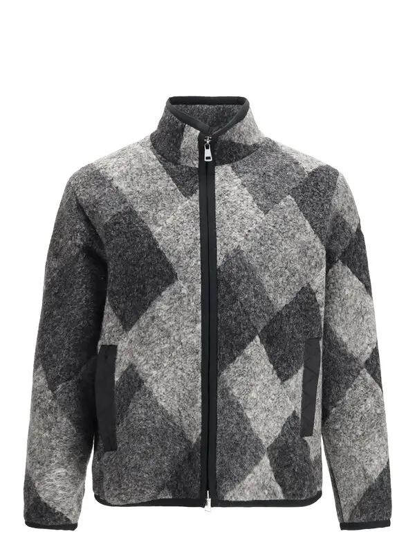 Moncler Wool Blend Diamond Pattern Zip Cardigan - Gray