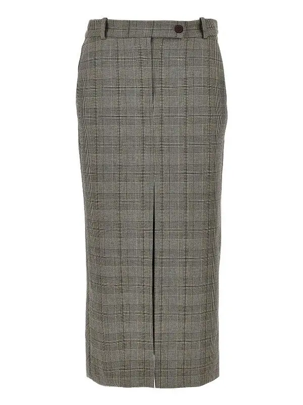 Pinko Wool-blend Midi Skirt With Check Motif - Brown