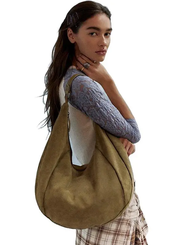 Free People Faith Half Moon Suede Bag - Khaki