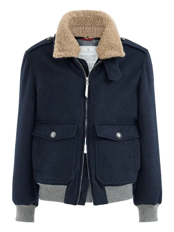 Brunello Cucinelli Cashmere Beaver Cloth Bomber Jacket With Detachable Shearling Collar - Blue