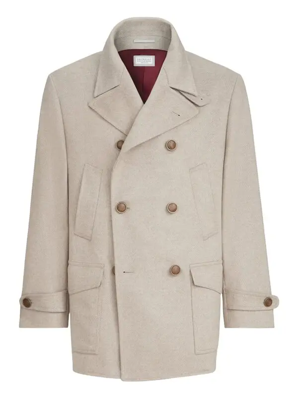Brunello Cucinelli Cashmere Chevron Flannel Four-pocket Pea Coat - Sand-colored