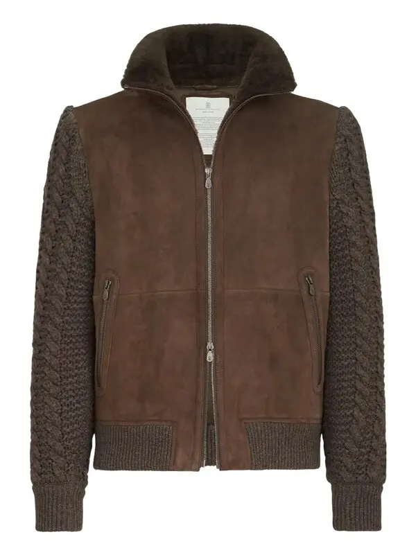 Brunello Cucinelli Suede Shearling And Cashmere Knit Bomber Jacket With Thermore Padding - Brown