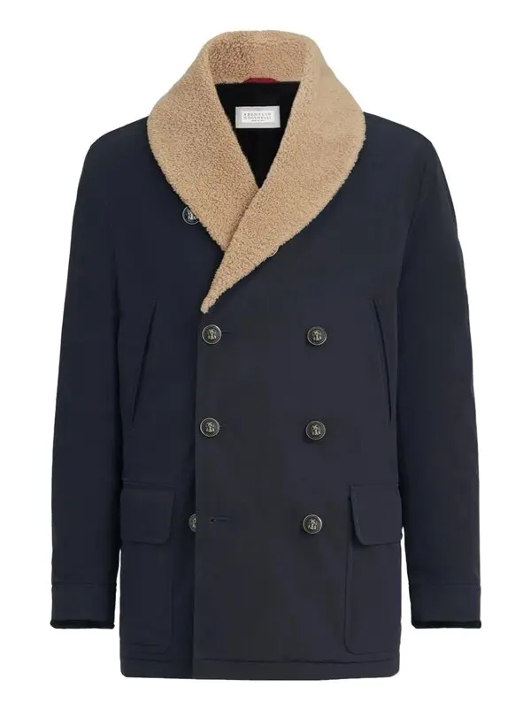 Brunello Cucinelli Bonded Nylon Double-breasted Coat With Shearling Lining - Navy Blue