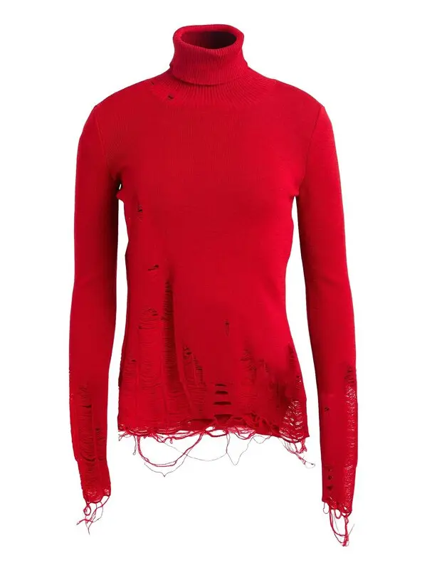 MAISON MARGIELA Solid Color Distressed Turtleneck Pullover - Red