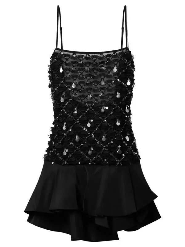 Johanna Ortiz Embroidered Tulle And Ruffled Silk-faille Mini Dress - Black