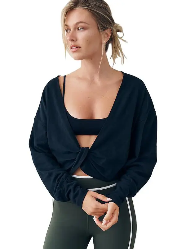 Daily Practice Twist-front Cropped Sweatshirt Top - Black