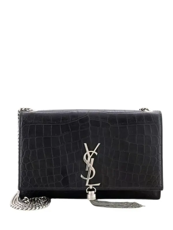 Saint Laurent Monogram Crocodile Embossed Leather Crossbody Bag - Black