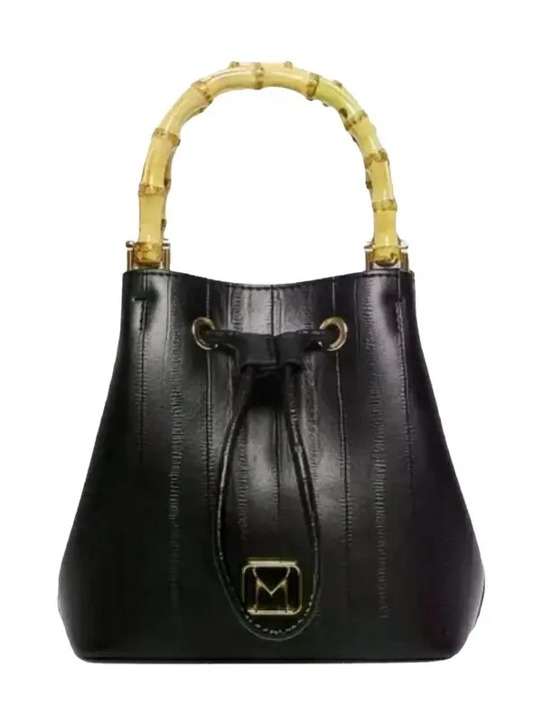 Marella Bamboo Handle Reptile Embossed Bucket Bag - Black