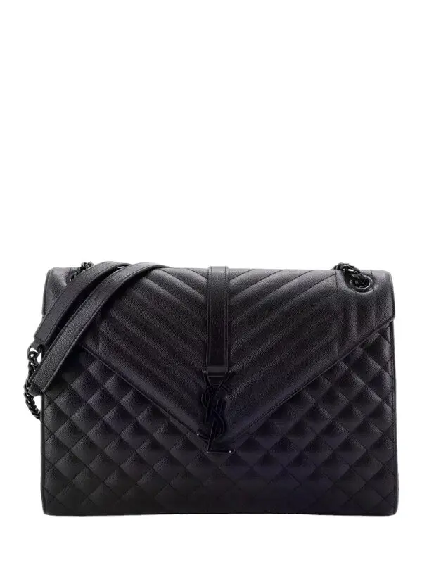 Saint Laurent Classic Monogram Envelope Satchel Mixed Matelasse Leather Large Shoulder Bag - Black