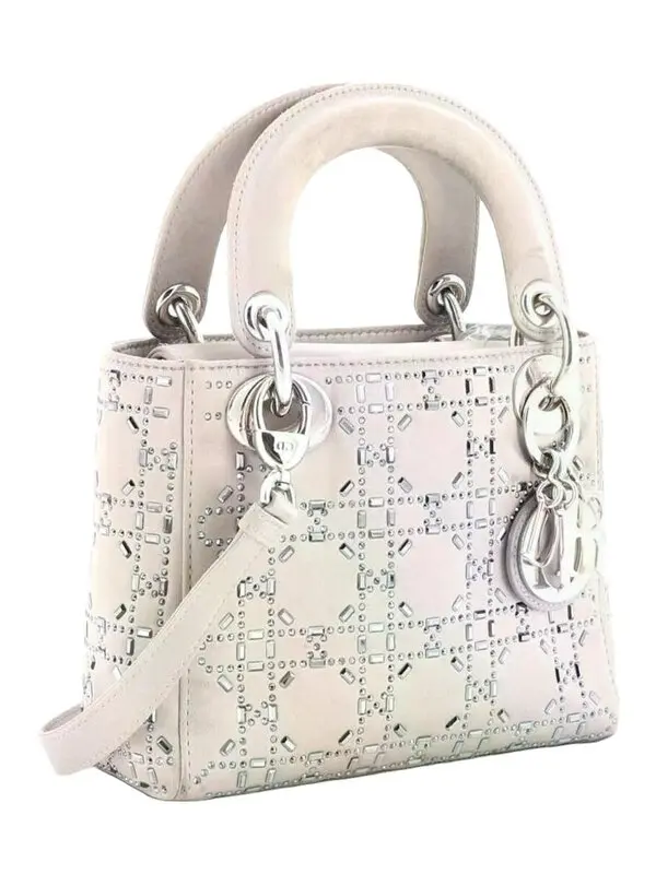 Dior Crystal Embellished Cannage Quilt Satin Mini Satchel - Grey