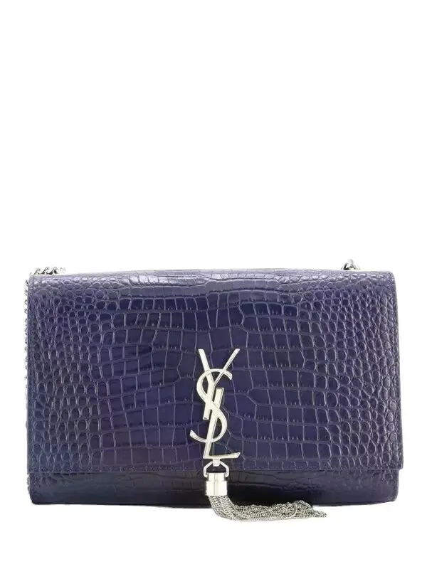 Saint Laurent Classic Monogram Tassel Crocodile Embossed Leather Medium Crossbody Bag - Blue