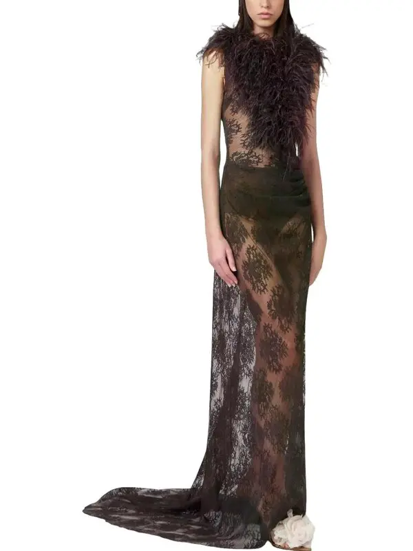 Giuseppe Di Morabito Feather-trim Lace-overlay Maxi Dress - Brown