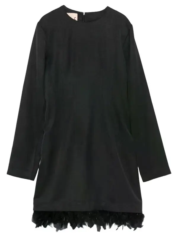 Plan C Feather-trim Long-sleeve Mini Dress - Black