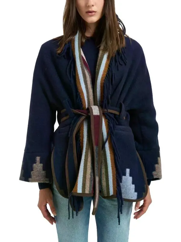 BAZAR DELUXE Fringe-trim Belted Coat - Blue