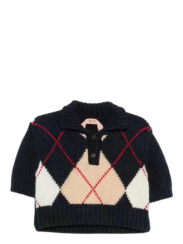 N°21 Argyle-knit Cropped Sweater - Blue