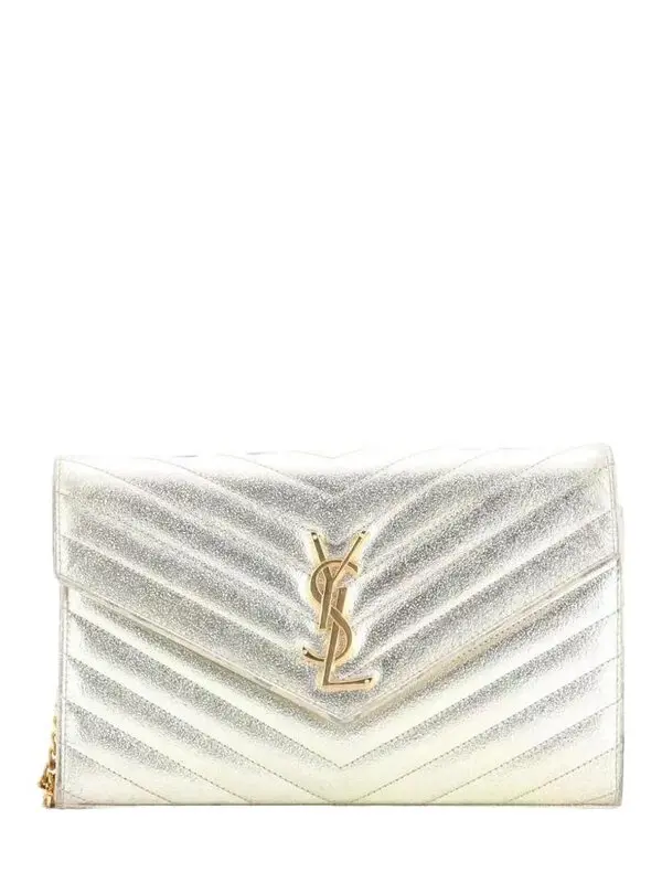 Saint Laurent Classic Monogram Wallet On Chain Matelasse Chevron Metallic Leather Medium Crossbody Bag - Silver