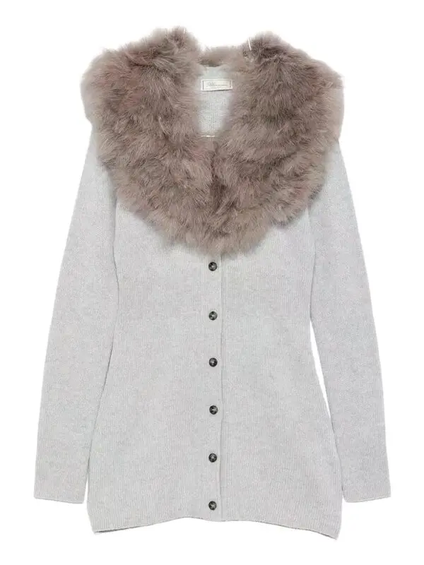 Blumarine Faux-fur Collar Ribbed Cardigan - Grey