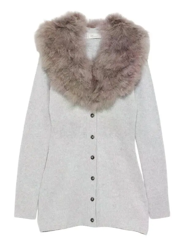 Blumarine Faux-fur Collar Ribbed Cardigan - Grey