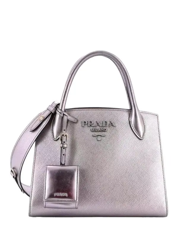 Prada Monochrome Saffiano With City Calf Small Tote Bag - Silver