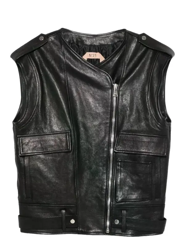 N°21 Biker-style Leather Gilet - Black