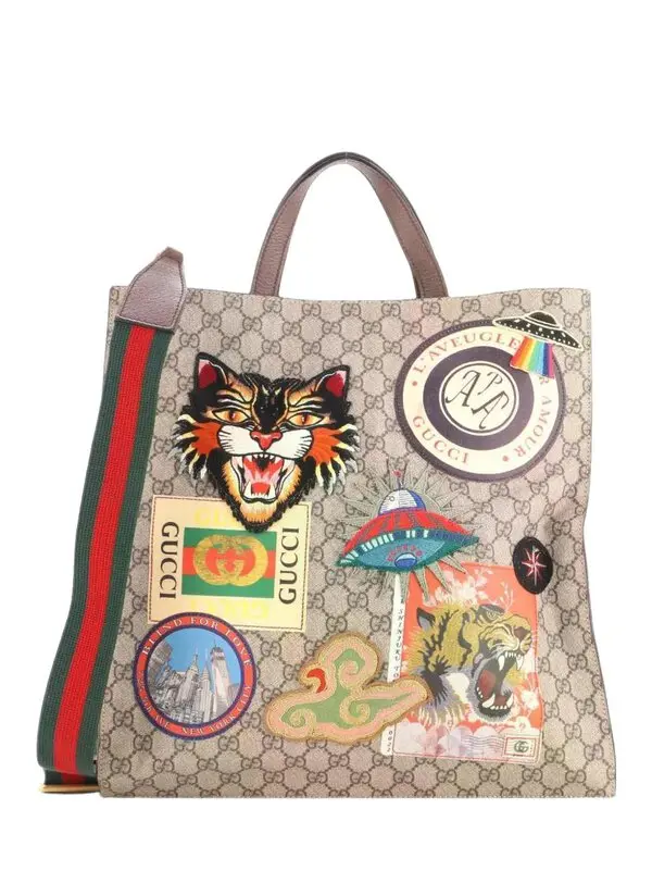 Gucci Courrier Convertible Soft Open Gg Coated Canvas Applique North South Tote Bag - Brown