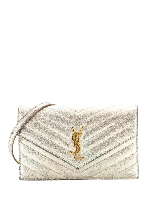 Saint Laurent Classic Monogram Wallet On Chain Matelasse Chevron Metallic Leather Small Crossbody Bag - Silver