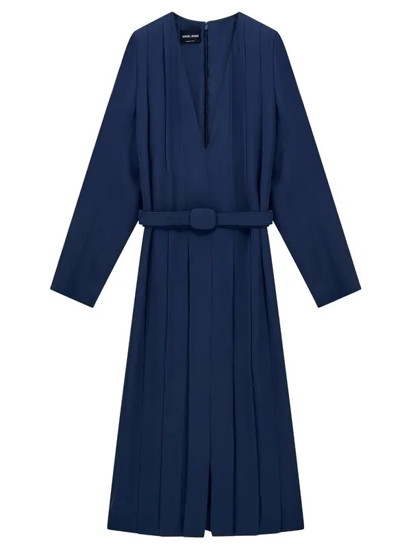Giorgio Armani Dress In Triple Georgette Silk With A Belt And V-neck - Blue