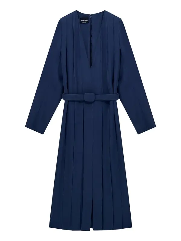 Giorgio Armani Dress In Triple Georgette Silk With A Belt And V-neck - Blue
