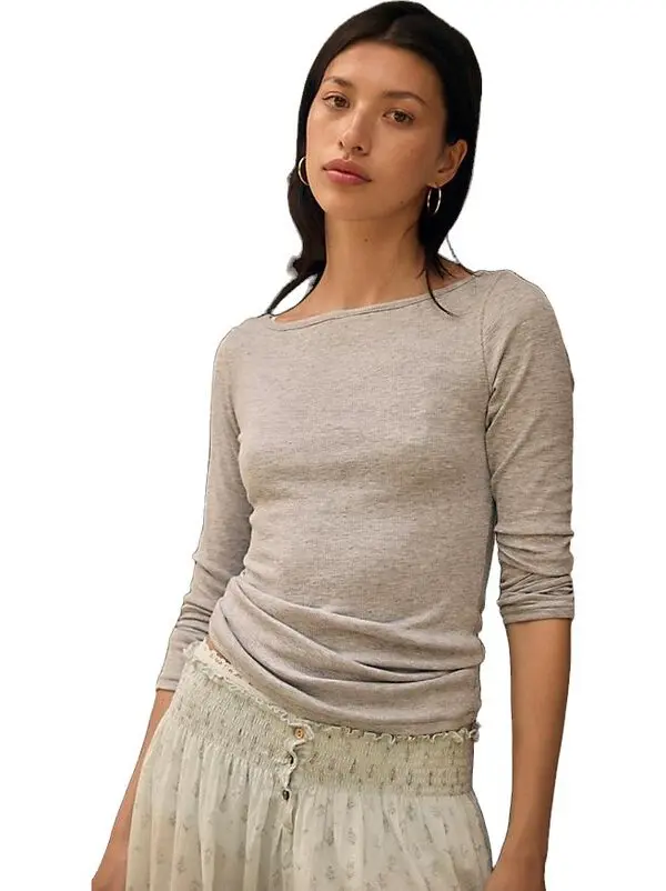 Free People Keeping It Light Ribbed Boat Neck Top - Medium Heather Grey