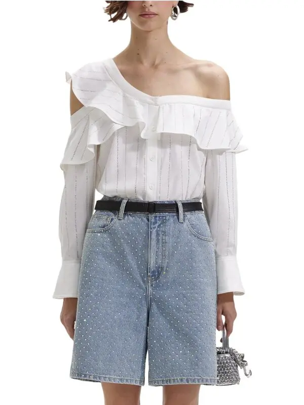 SELF-PORTRAIT Asymmetric Embellished Ruffled Shirt - Multicolor
