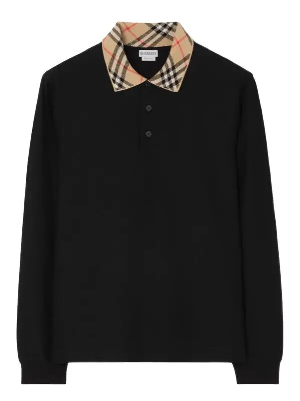Burberry Long-sleeve Check Collar Cotton Polo Shirt - Black