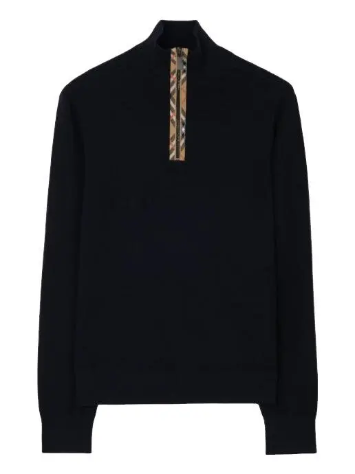 Burberry Check Trim Wool Half-zip Sweater - Navy