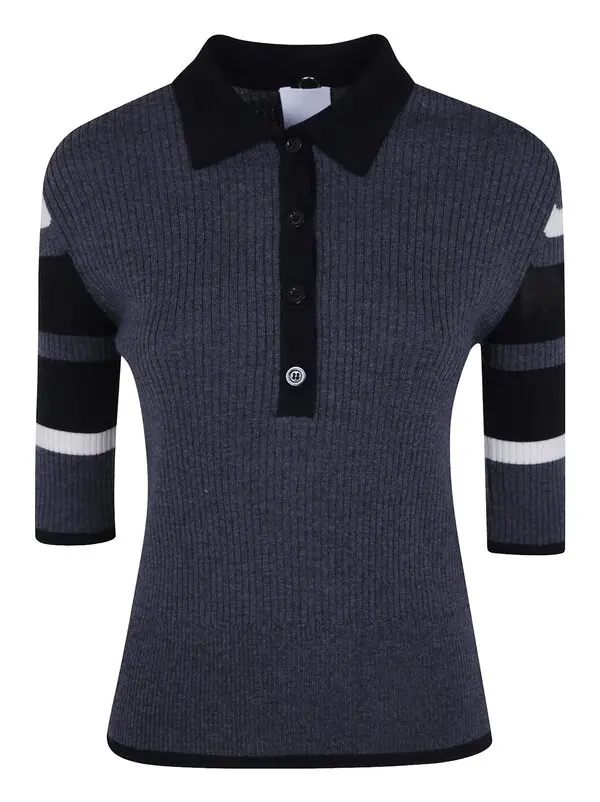 Mantū Ribbed-knit Striped-sleeve Polo Top - Black