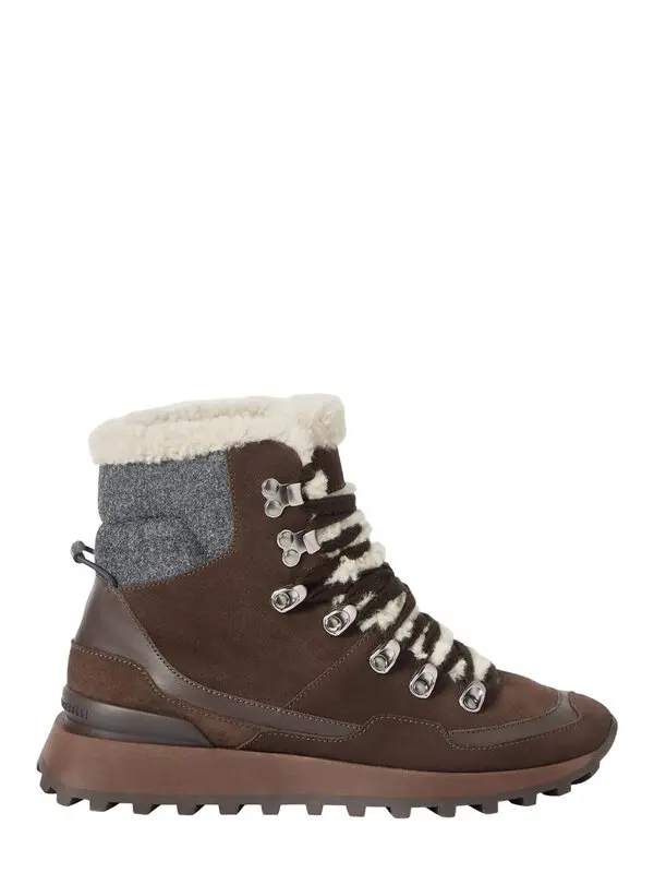 Brunello Cucinelli Suede And Shearling Lace-up Runners - Espresso