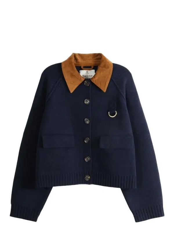Barbour Contrast Collar Cropped Knit Jacket - Navy