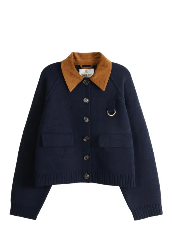 Barbour Contrast Collar Cropped Knit Jacket - Navy