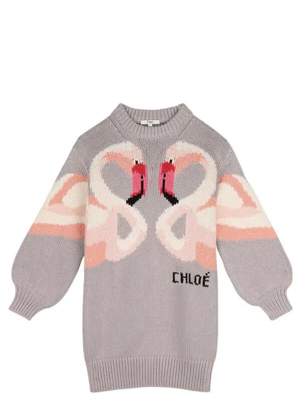 Chloé Flamingo Intarsia Knitted Sweater Dress - Grey