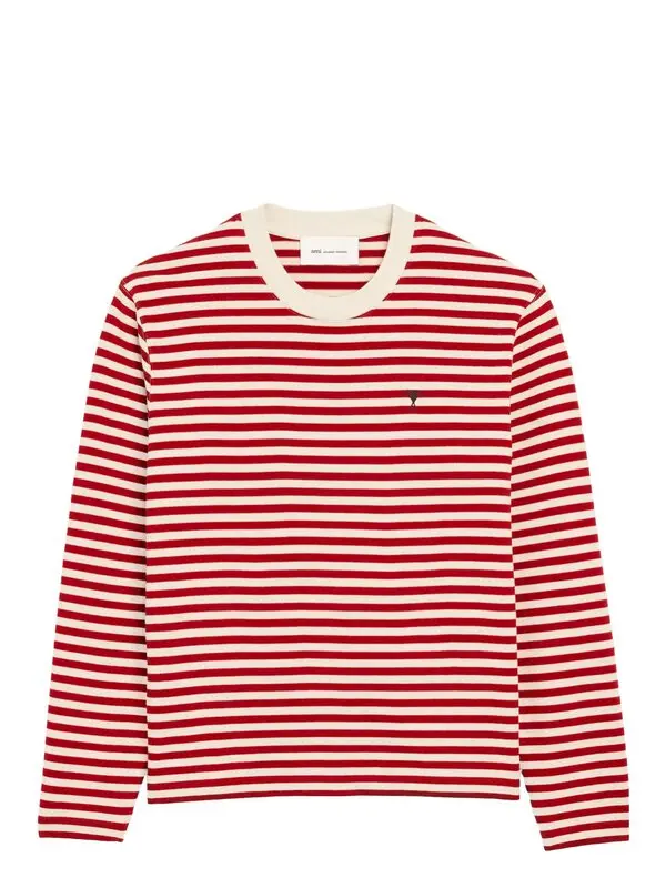AMI Paris Red And White Mariniere Cotton T-shirt With De Coeur - Ruby Red/ivory White