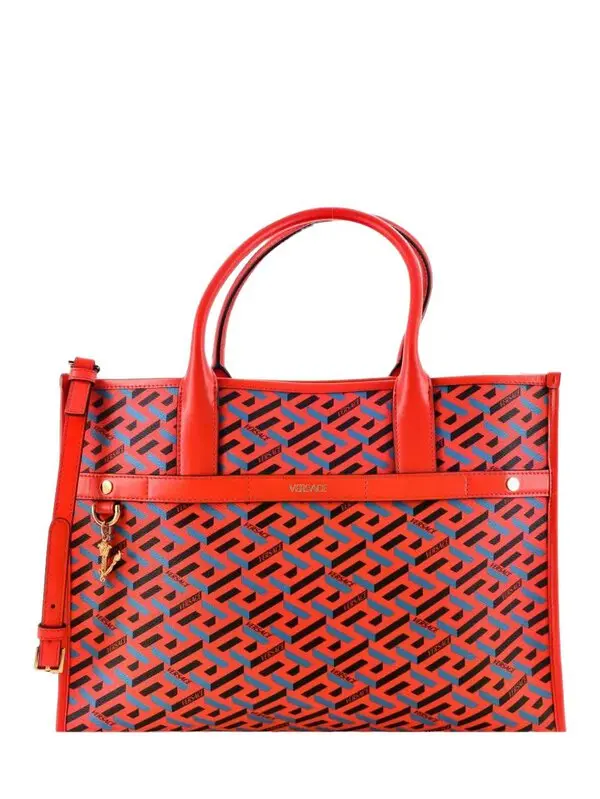 Versace La Greca Signature Coated Canvas Medium Tote Bag - Red