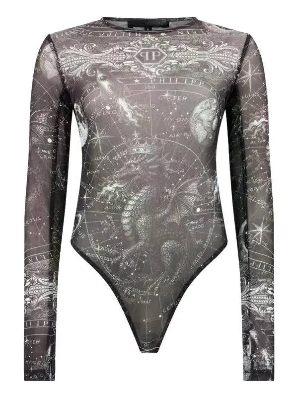 Philipp Plein Zodiac-print Tulle Bodysuit - Black