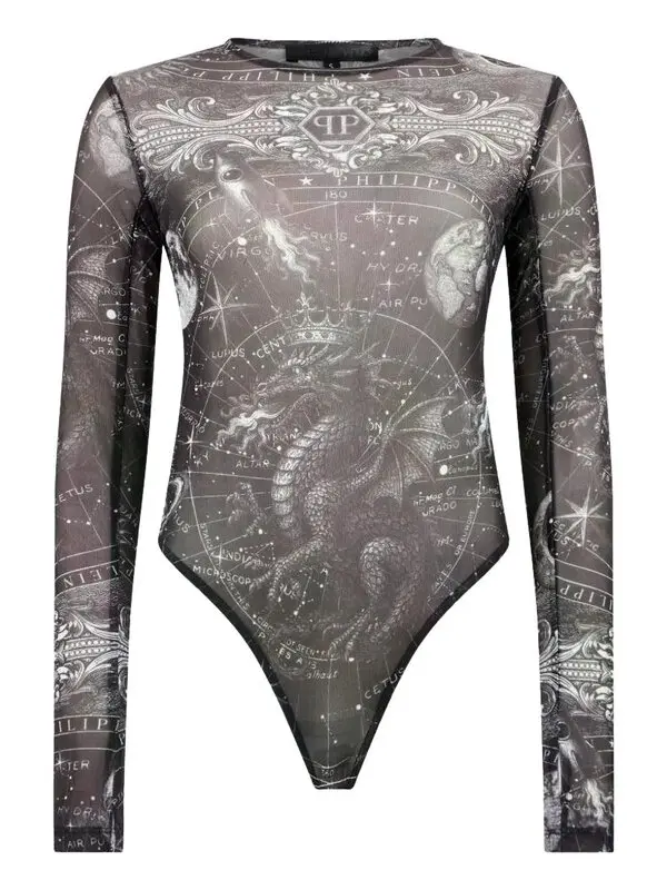 Philipp Plein Zodiac-print Tulle Bodysuit - Black
