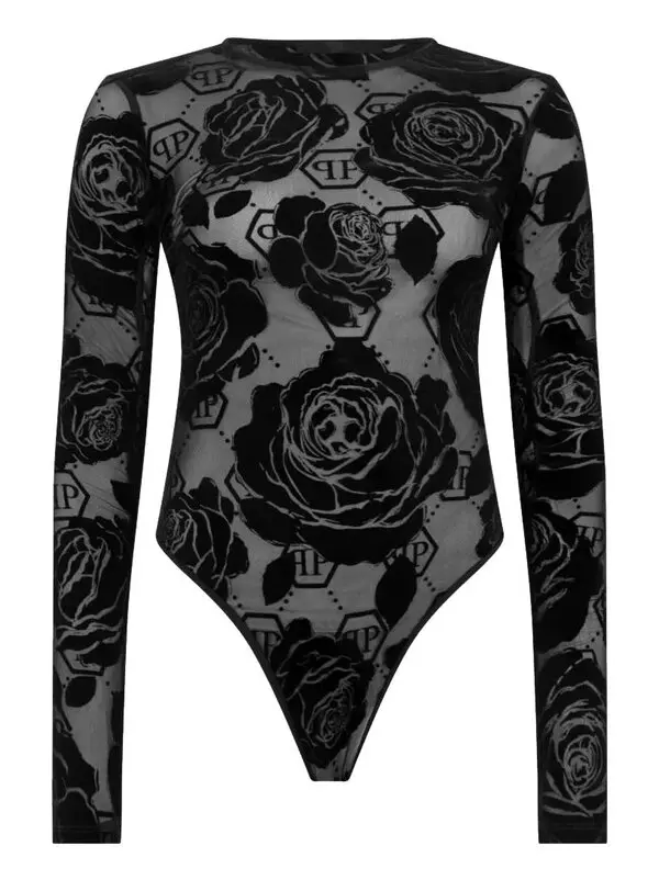 Philipp Plein Flock-flower Monogram-print Bodysuit - Black
