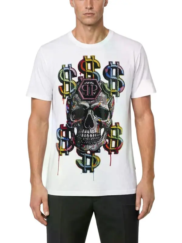 Philipp Plein Round Neck T-shirt Dollar Skull Stones - White