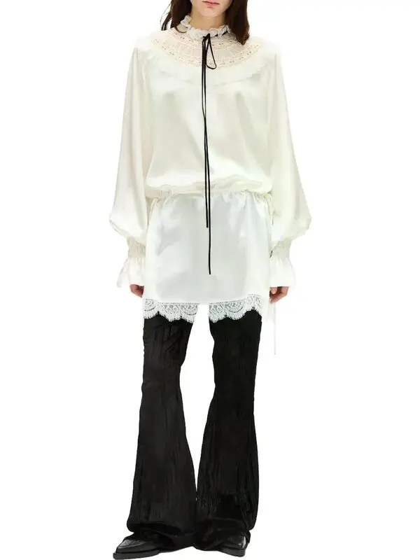 ANN DEMEULEMEESTER Silk Satin Lace-trim Ruffled Mini Dress - White